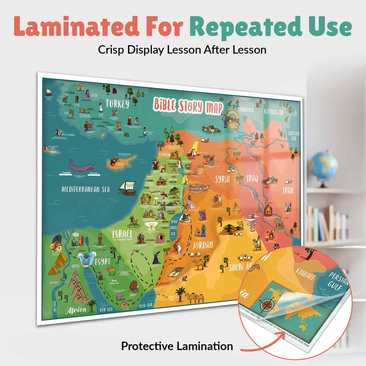 Bible Story Map Poster Wall Chart with 70+ Illustrations for Christian