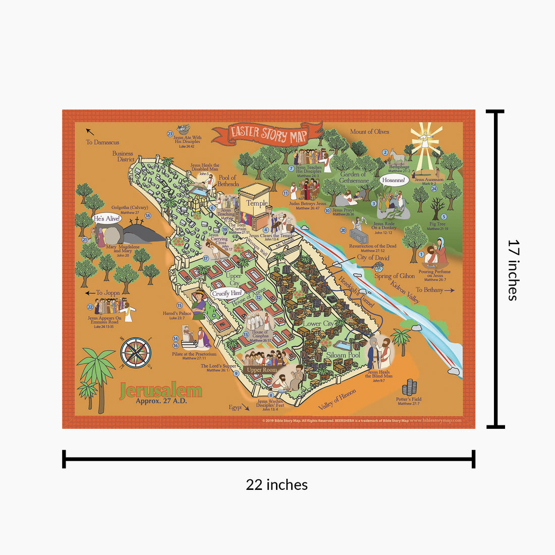 Easter Story Map Poster, Jerusalem, Jesus' Last Week - 17" x 22 ...