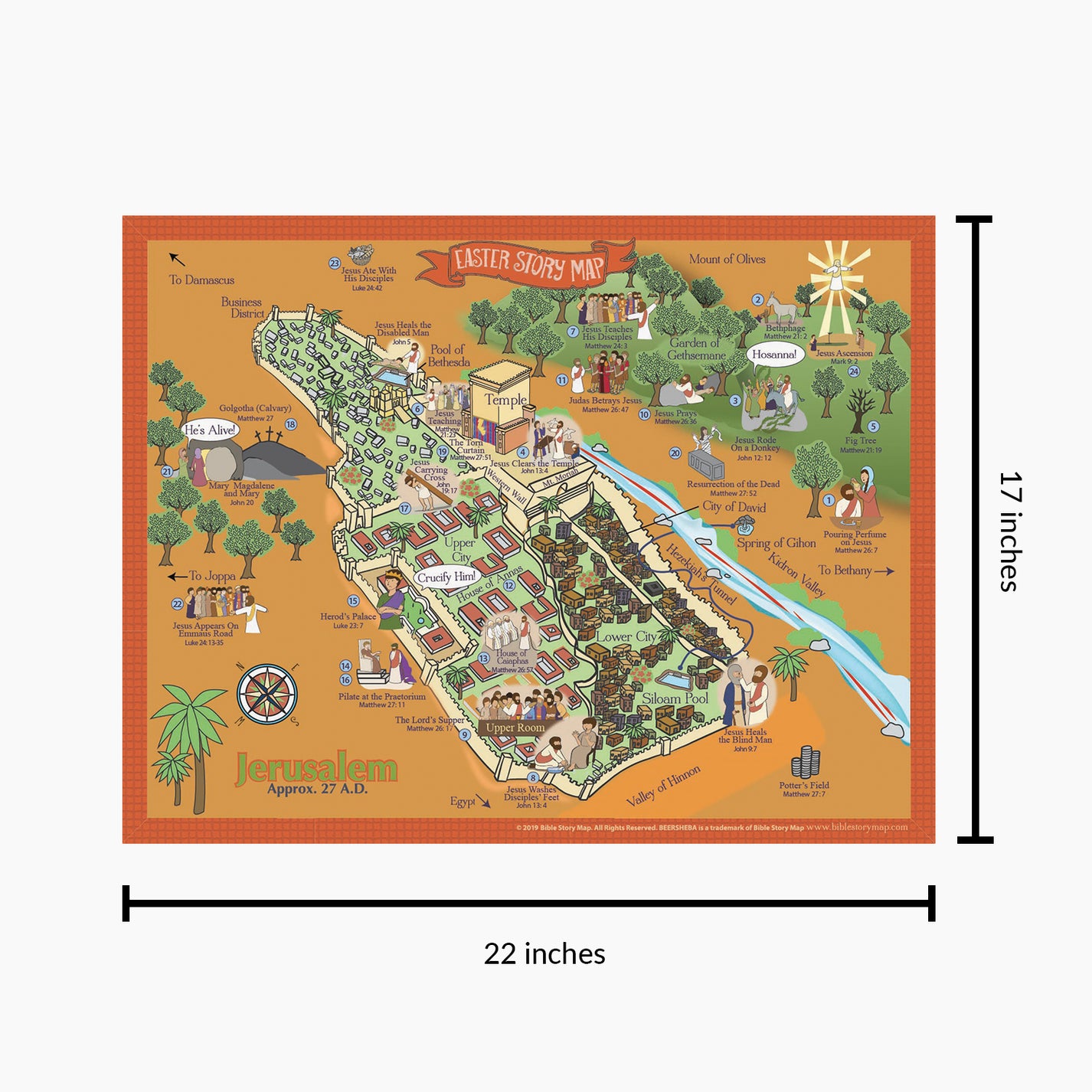 Easter Story Map Poster, Jerusalem, Jesus' Last Week - 17" x 22 ...