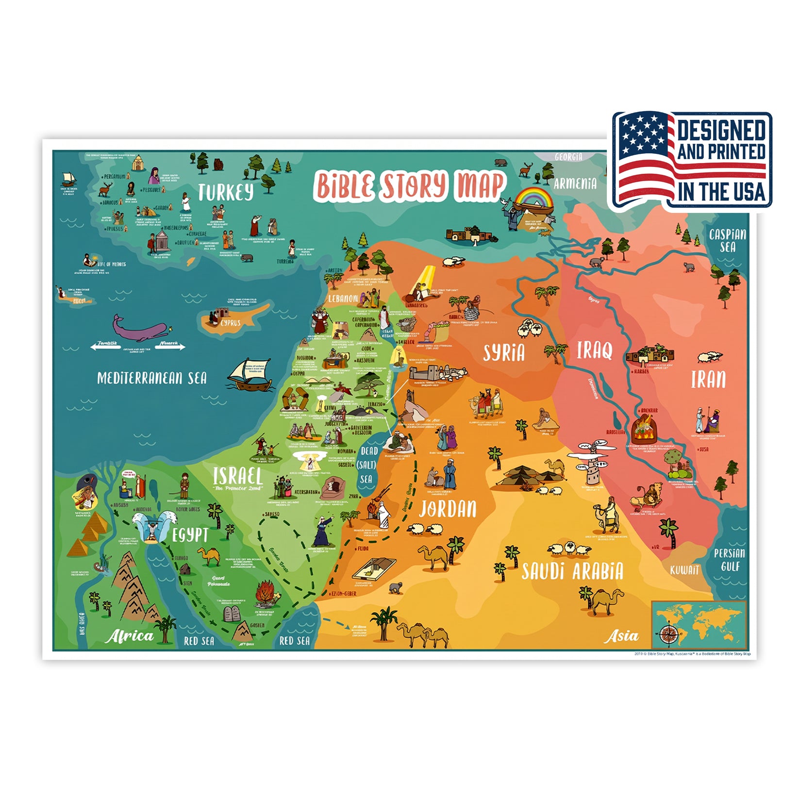 Bible Story Map Poster Wall Chart with 70+ Illustrations for Christian