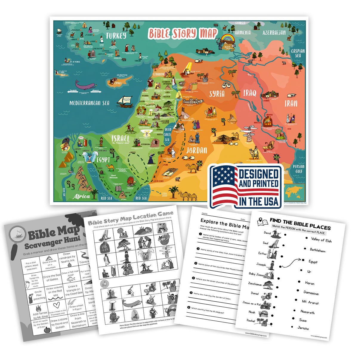 Bible Story Map Poster Wall Chart with 70+ Illustrations for Christian