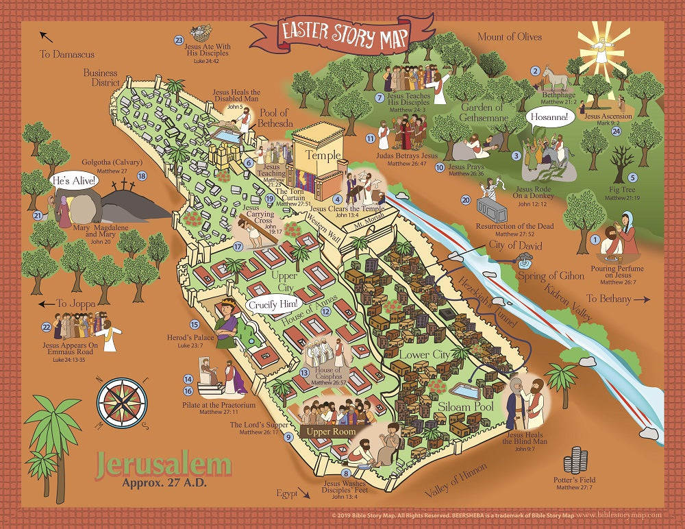 Easter Story Map Poster, Jerusalem, Jesus' Last Week - 17" x 22 ...